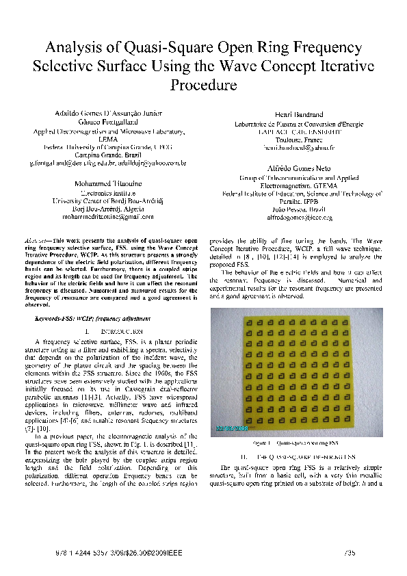 (PDF) Analysis of quasi-square open ring frequency selective surface using the Wave Concept ...
