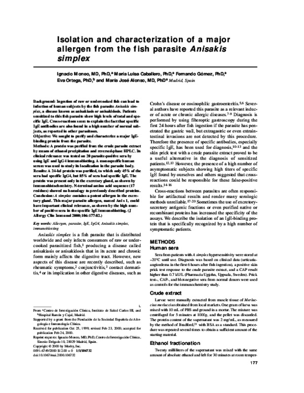 (PDF) Isolation and characterization of a major allergen from the fish parasite Anisakis simplex* 1