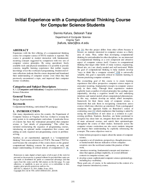 (PDF) Initial experience with a computational thinking course for ...