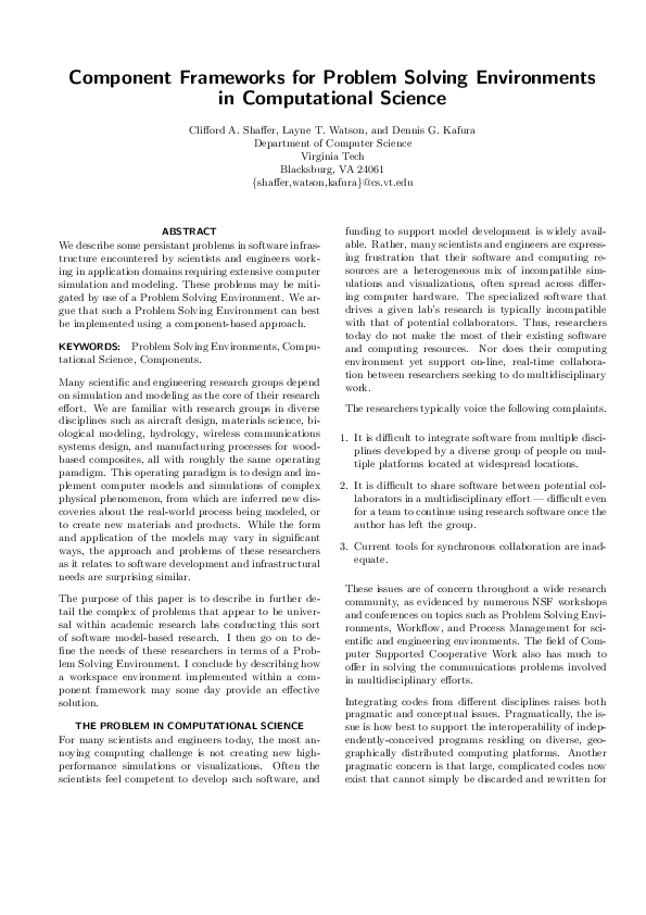 (PDF) Component frameworks for problem solving environments in computational science