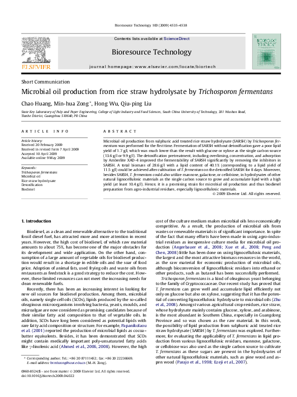 (PDF) Microbial oil production from rice straw hydrolysate by ...