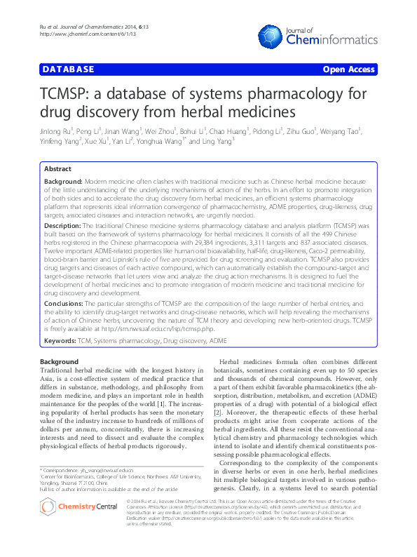 (PDF) TCMSP: a database of systems pharmacology for drug discovery from ...