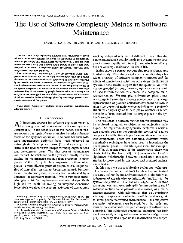 Pdf The Use Of Software Complexity Metrics In Software Maintenance