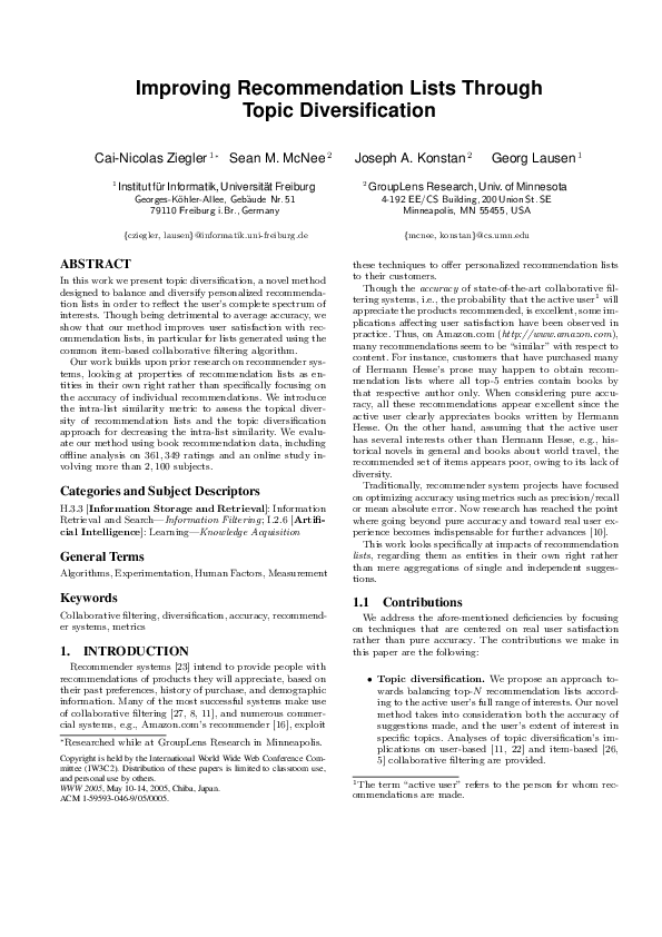 (PDF) Improving recommendation lists through topic diversification