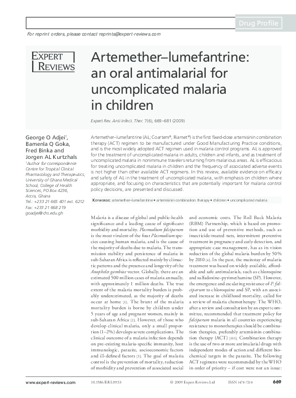 (PDF) Artemether–lumefantrine: an oral antimalarial for uncomplicated ...