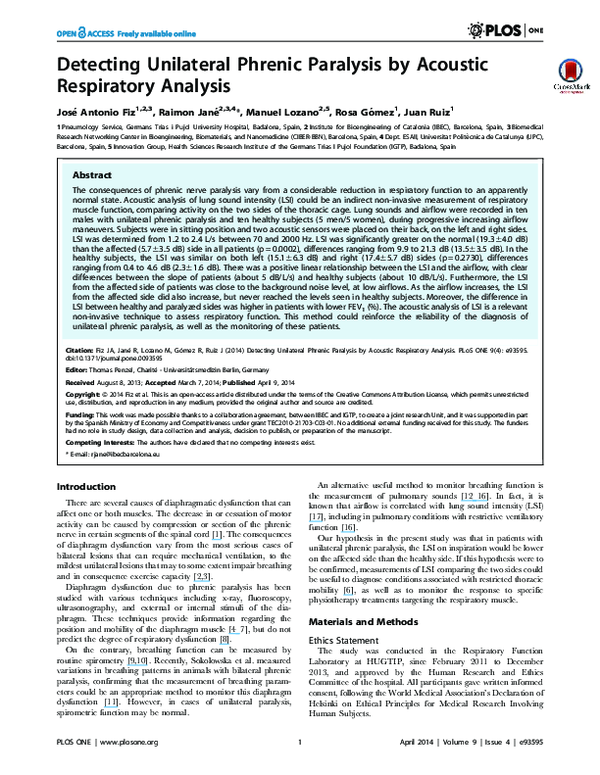 (PDF) Detecting unilateral phrenic paralysis by acoustic respiratory ...