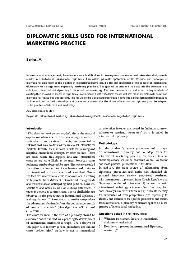 (PDF) DIPLOMATIC SKILLS USED FOR INTERNATIONAL MARKETING PRACTICE