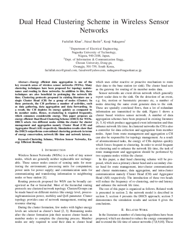 (PDF) Dual head clustering scheme in wireless sensor networks