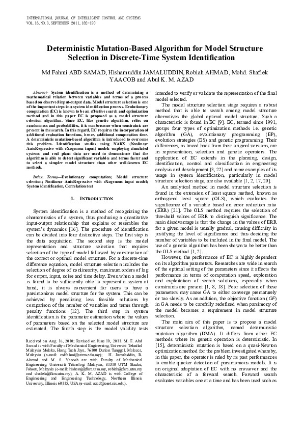 (PDF) Deterministic Mutation-Based Algorithm for Model Structure Selection in Discrete-Time ...