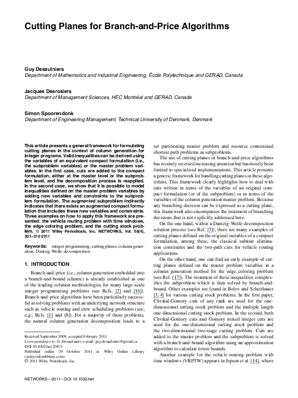 (PDF) Cutting planes for branch‐and‐price algorithms