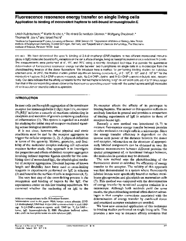 (PDF) Fluorescence resonance energy transfer on single living cells. Application to binding of ...