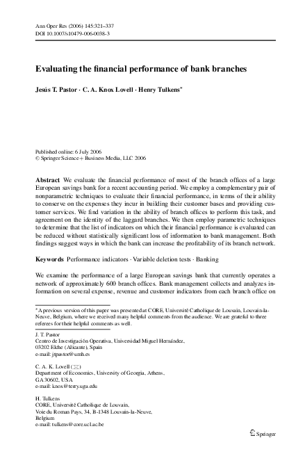 (PDF) Evaluating the Financial Performance of Bank Branches