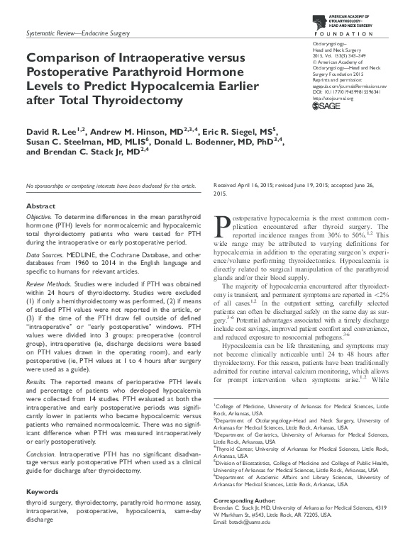 (PDF) Intraoperative vs Postoperative PTH for Hypocalcemia