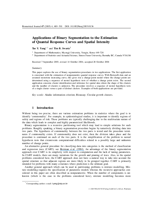Pdf Applications Of Binary Segmentation To The Estimation Of Quantal Response Curves And