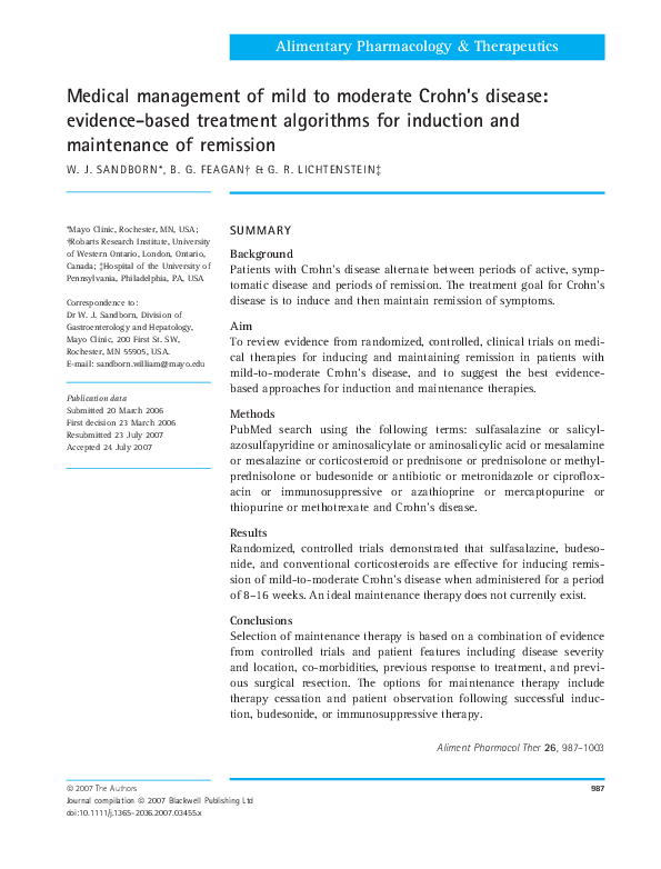 (PDF) Medical management of mild to moderate Crohn's disease: evidence ...