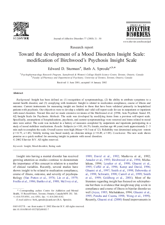 (PDF) Toward the development of a Mood Disorders Insight Scale ...