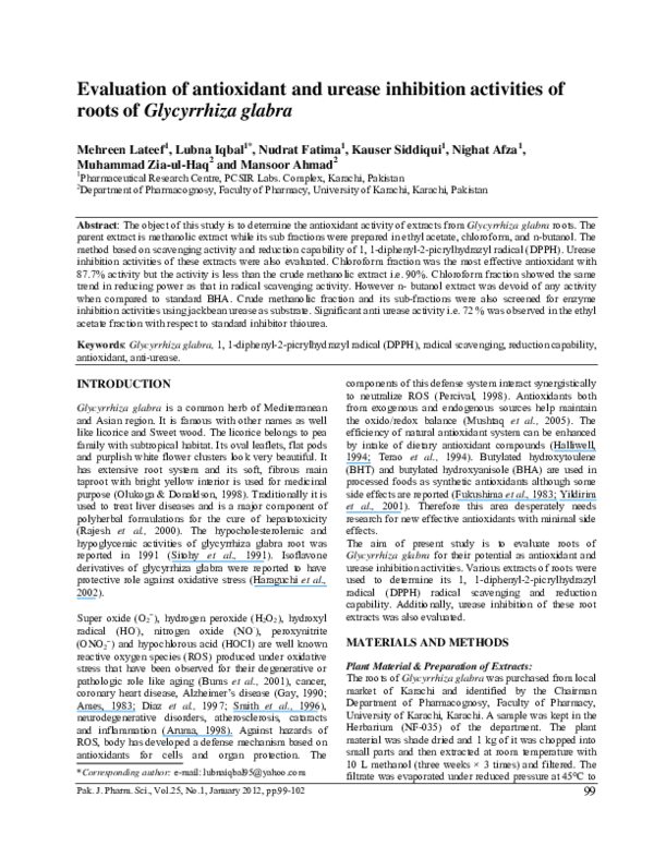 (PDF) Evaluation of antioxidant and urease inhibition activities of ...