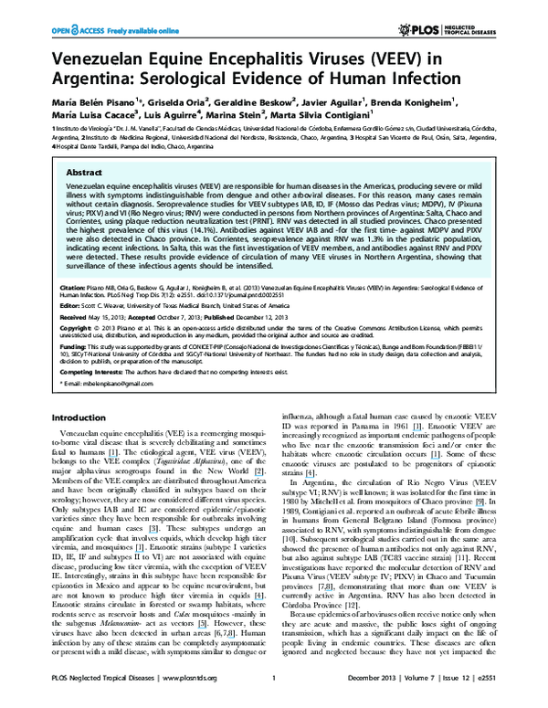 (PDF) Venezuelan Equine Encephalitis Viruses (VEEV) in Argentina ...