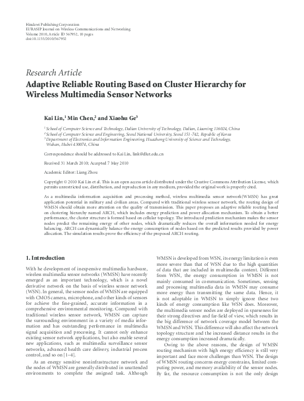 Pdf Adaptive Reliable Routing Based On Cluster Hierarchy For Wireless Multimedia Sensor Networks