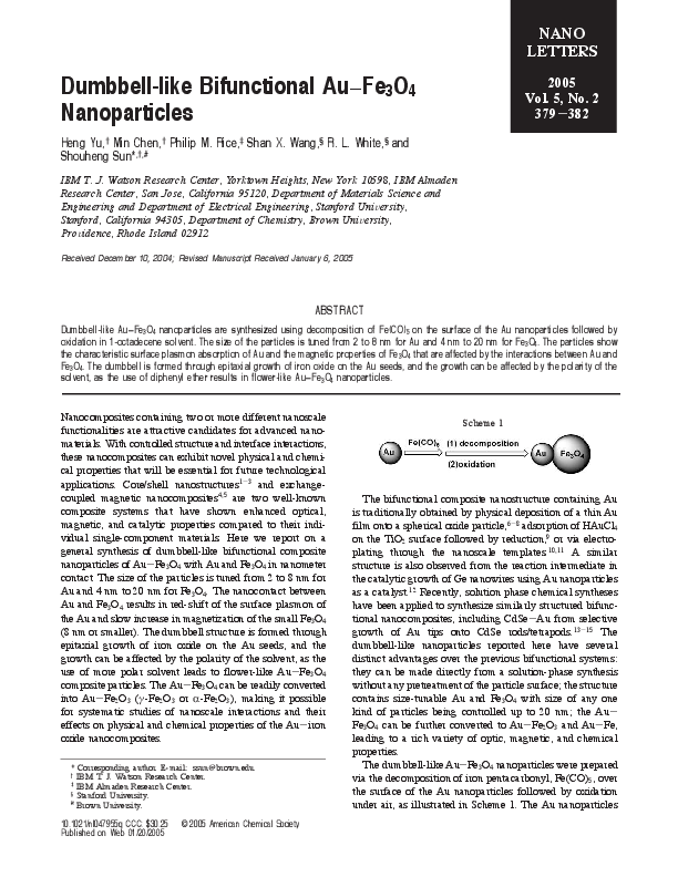 (PDF) Dumbbell-Like Bifunctional Au− Fe3O4 Nanoparticles