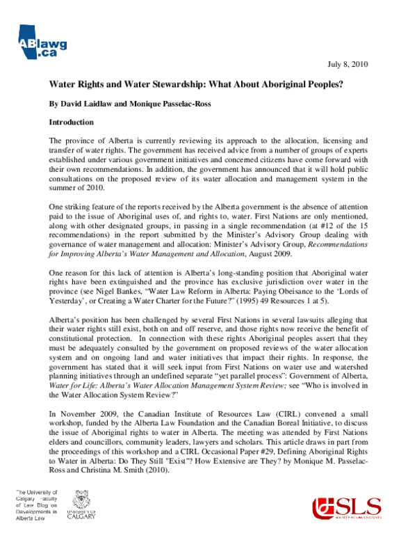 (PDF) Water Rights and Water Stewardship: What About Aboriginal Peoples?