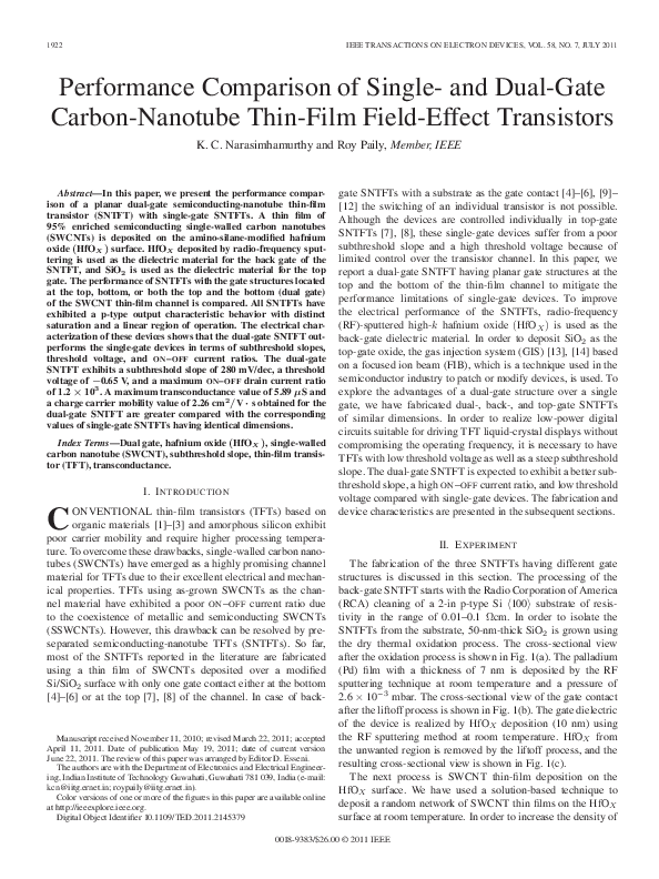 (PDF) Performance Comparison of Single-and Dual-Gate Carbon-Nanotube ...