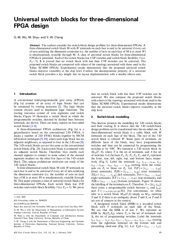 (PDF) Universal switch blocks for three-dimensional FPGA design