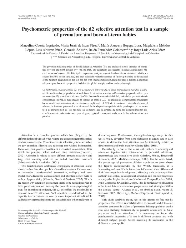 (PDF) Psychometric properties of the d2 selective attention test in a ...