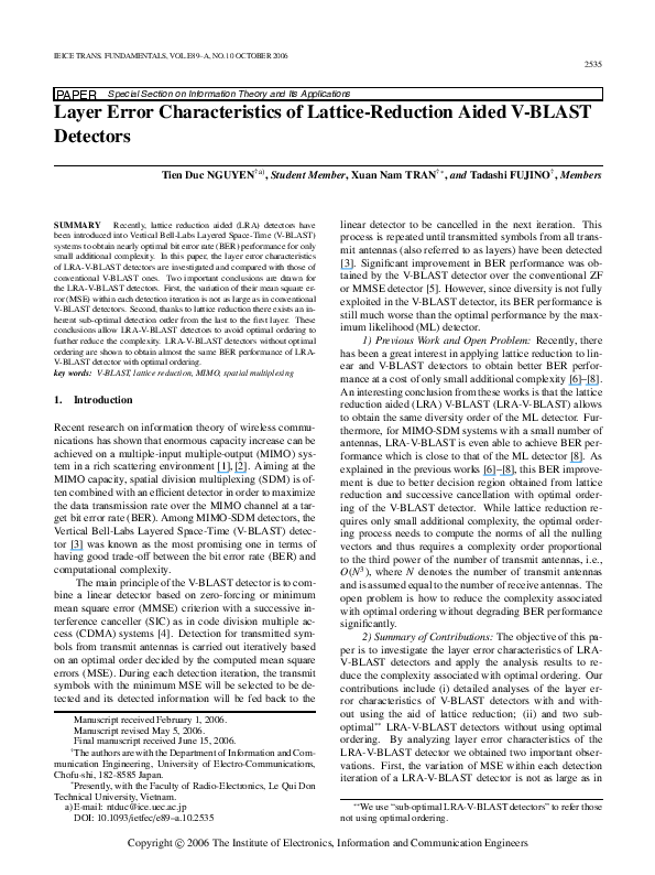 Pdf Layer Error Characteristics Of Lattice Reduction Aided V Blast Detectors