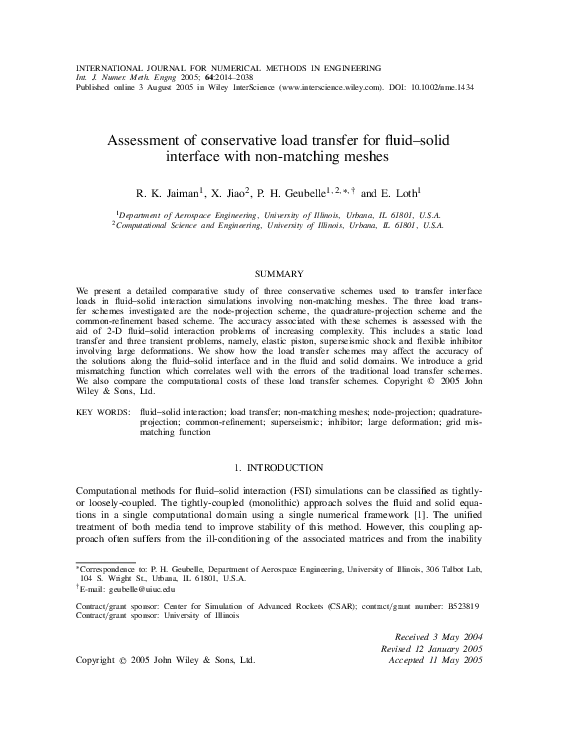 (PDF) Assessment of conservative load transfer for fluid–solid interface with non‐matching meshes