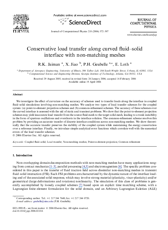 (PDF) Conservative load transfer along curved fluid–solid interface with non-matching meshes