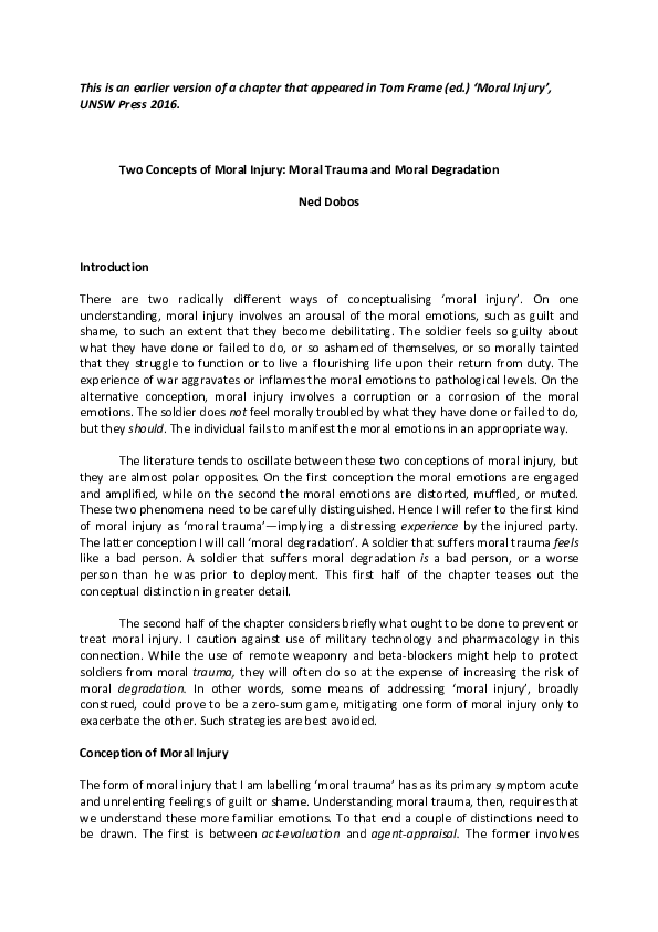 (PDF) Two Concepts of Moral Injury: Moral Trauma and Moral Degradation