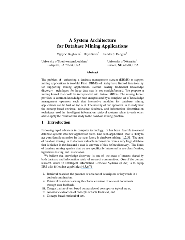 Pdf A System Architecture For Database Mining Applications