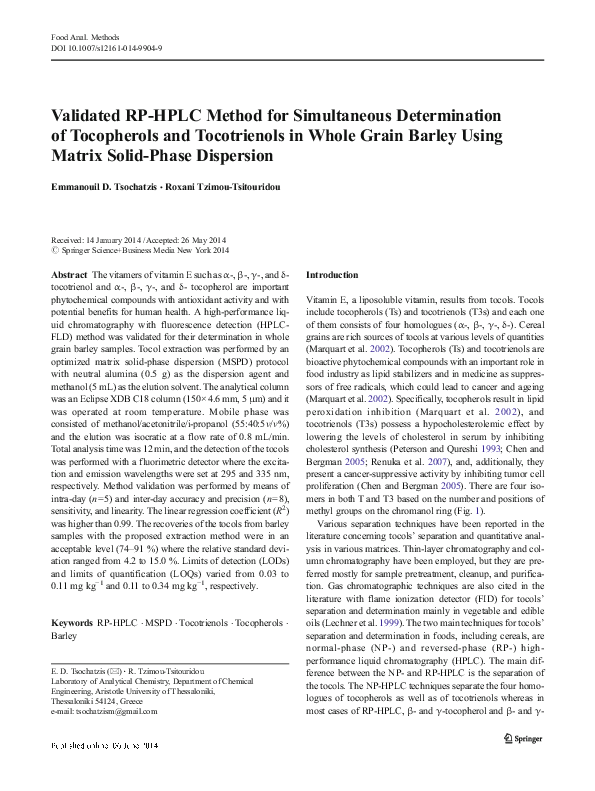 Pdf Validated Rp Hplc Method For Simultaneous Determination Of Tocopherols And Tocotrienols In