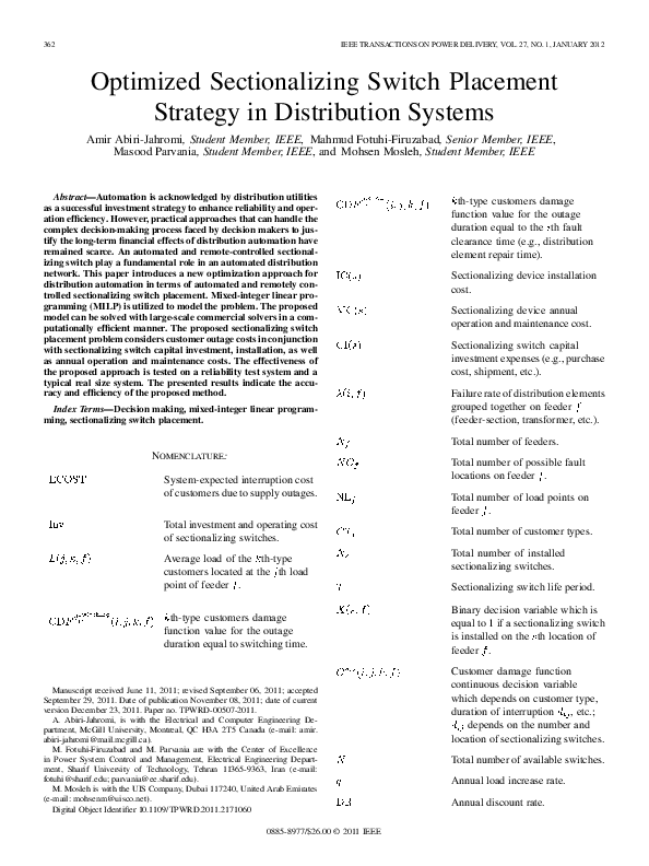 (PDF) Optimized Sectionalizing Switch Placement Strategy in Distribution Systems