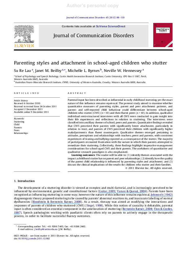 (PDF) Parenting styles and attachment in school-aged children who stutter