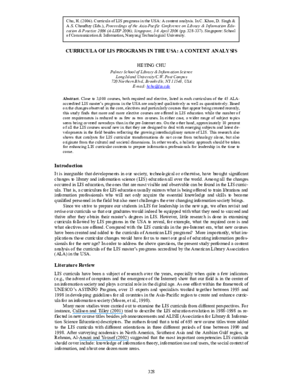 (PDF) CURRICULA OF LIS PROGRAMS IN THE USA: A CONTENT ANALYSIS