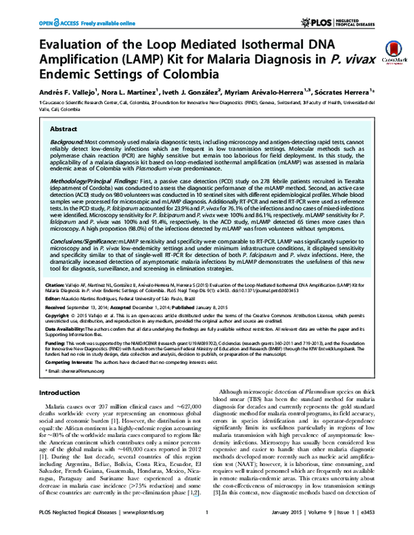 (PDF) Evaluation of the Loop Mediated Isothermal DNA Amplification (LAMP) Kit for Malaria ...