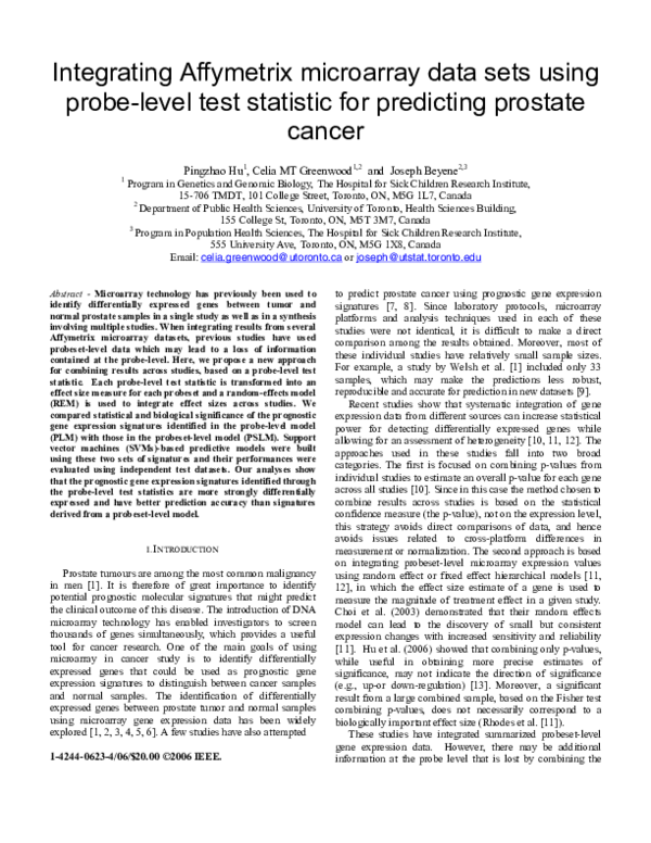 Pdf Integrating Affymetrix Microarray Data Sets Using Probe Level Test Statistic For