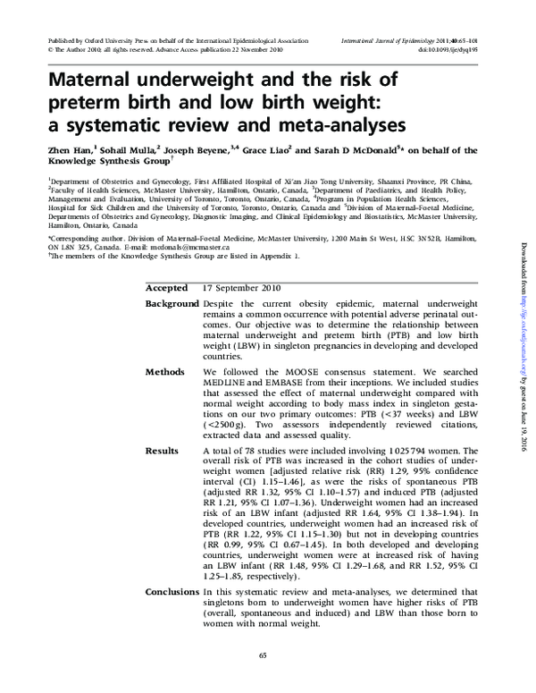 (PDF) Maternal underweight and the risk of preterm birth and low birth ...
