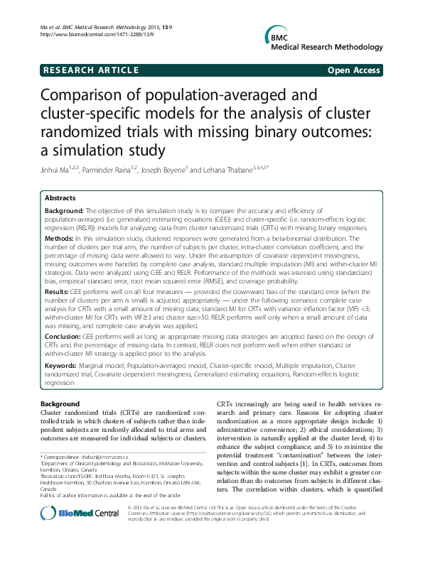 Pdf Comparison Of Population Averaged And Cluster Specific Models For The Analysis Of Cluster