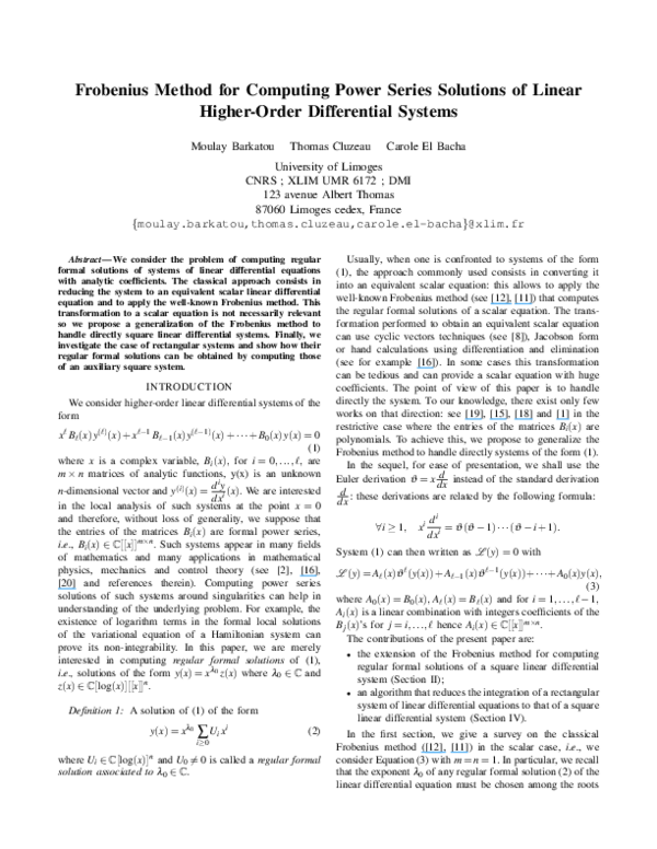 Pdf Frobenius Method For Computing Power Series Solutions Of Linear