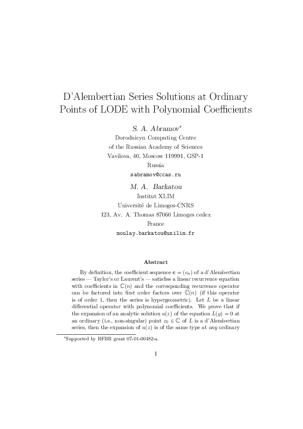 (PDF) D’Alembertian Series Solutions of LODE at Ordinary Points