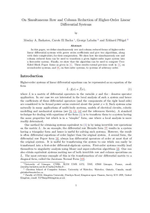 (PDF) On simultaneous row and column reduction of higher-order linear differential systems