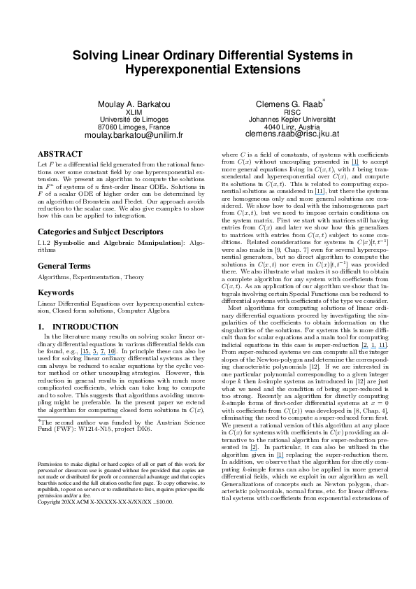 (PDF) Solving linear ordinary differential systems in hyperexponential extensions