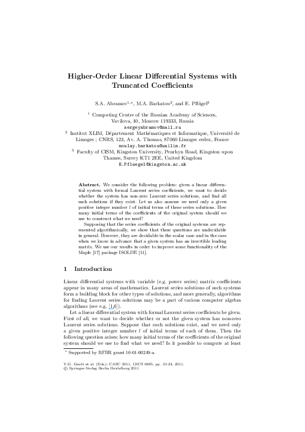 (PDF) Higher-Order Linear Differential Systems with Truncated Coefficients