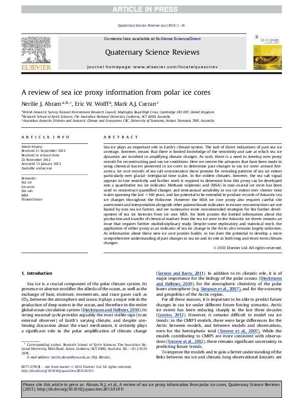 (PDF) A review of sea ice proxy information from polar ice cores