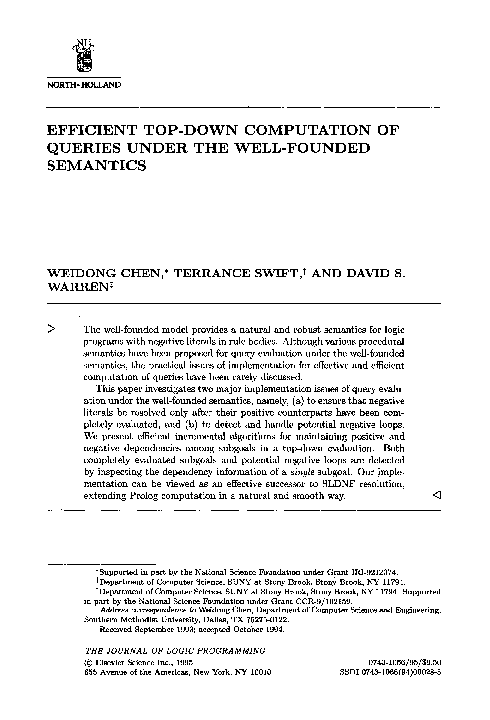 Pdf Efficient Top Down Computation Of Queries Under The Well Founded Semantics 