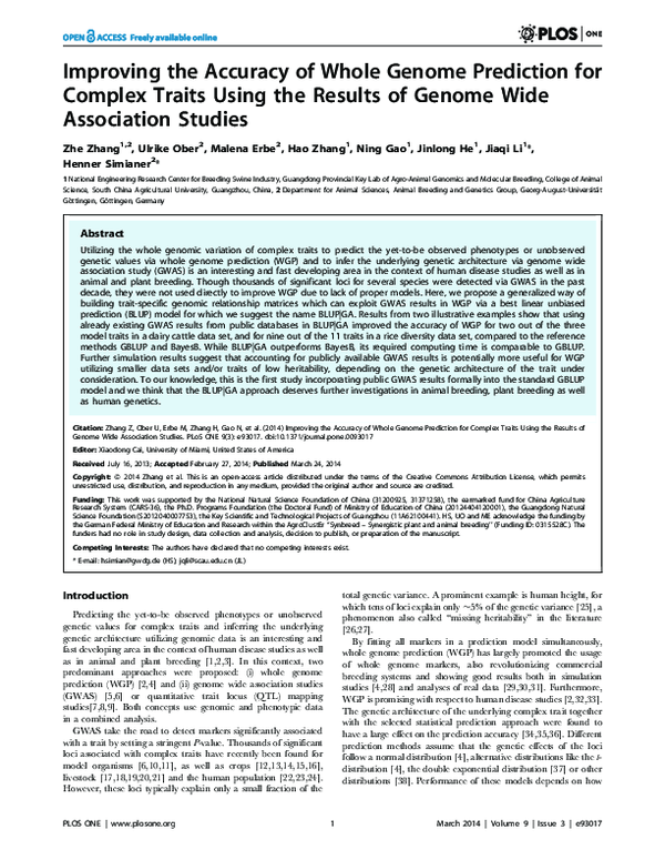 Pdf Improving The Accuracy Of Whole Genome Prediction For Complex Traits Using The Results Of