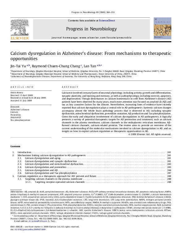 (PDF) Calcium dysregulation in Alzheimer's disease: from mechanisms to therapeutic opportunities